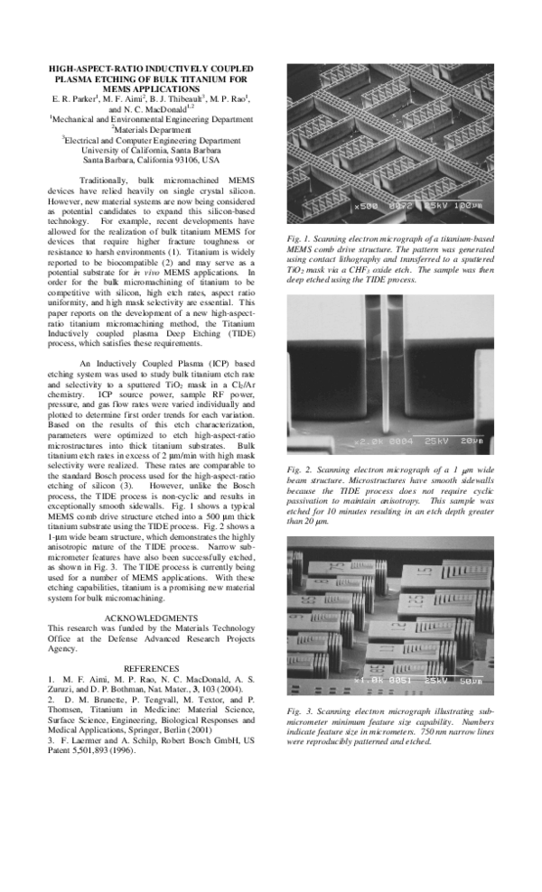 (PDF) High-Aspect-Ratio Inductively Coupled Plasma Etching of Bulk Titanium for Mems Applications