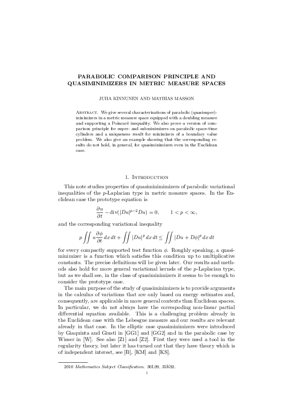 Pdf Parabolic Comparison Principle And Quasiminimizers In Metric Measure Spaces
