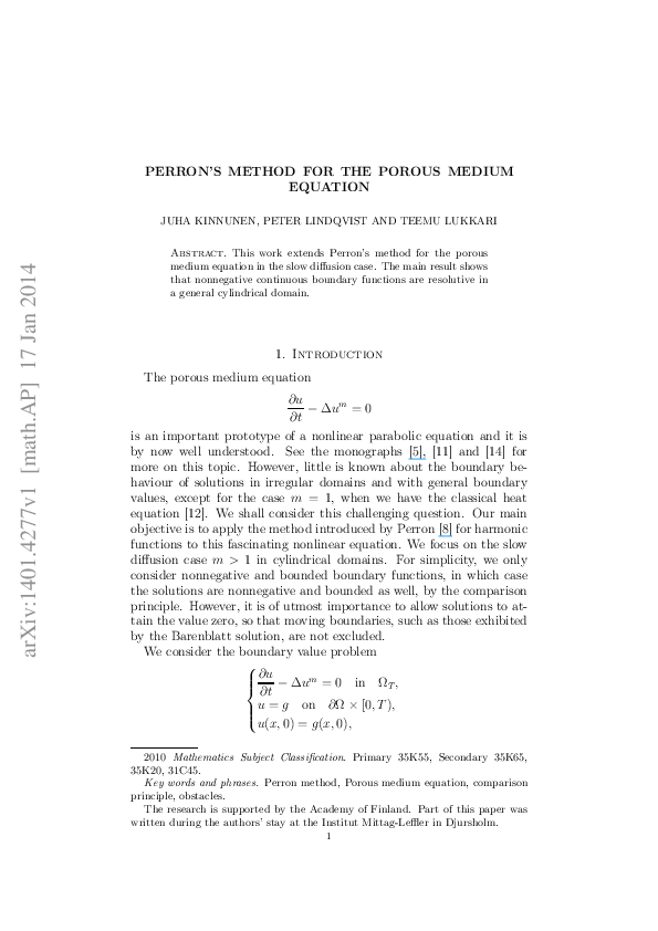(PDF) Perron's method for the porous medium equation