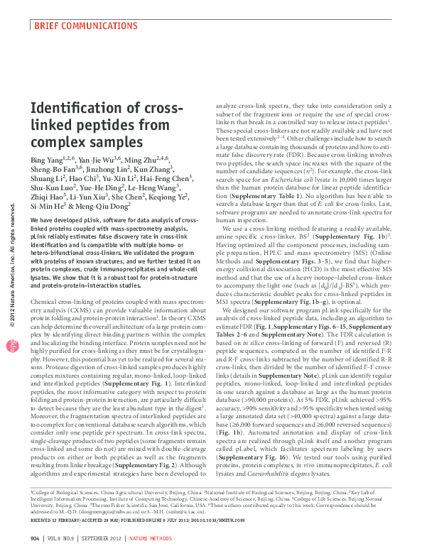 (PDF) Identification of cross-linked peptides from complex samples