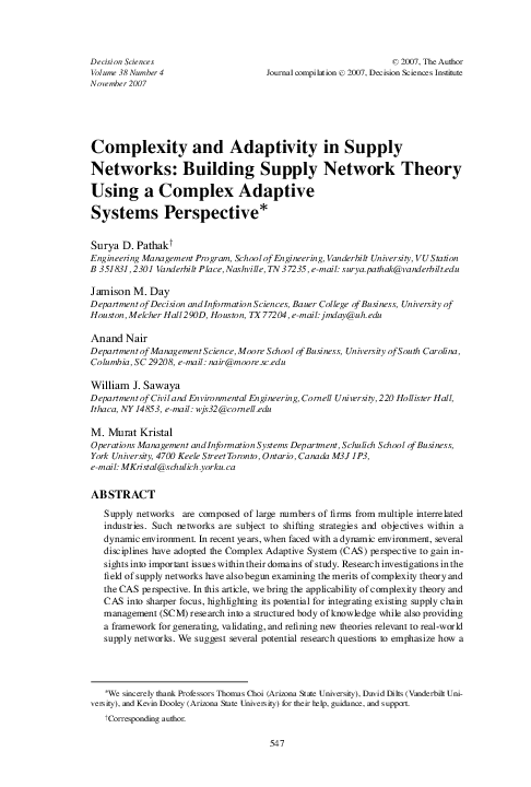 (PDF) Complexity and Adaptivity in Supply Networks: Building Supply Network Theory Using a ...