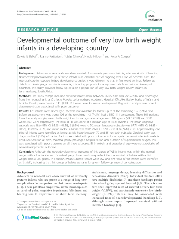 (PDF) Developmental outcome of very low birth weight infants in a ...