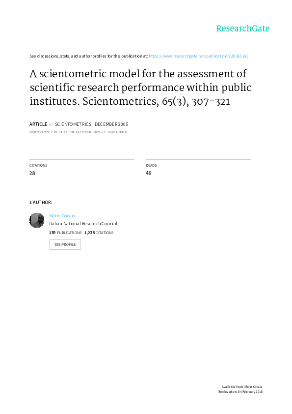 (PDF) A scientometric model for the assessment of scientific research ...
