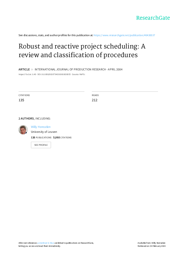 Pdf Reactive And Robust Project Scheduling Review