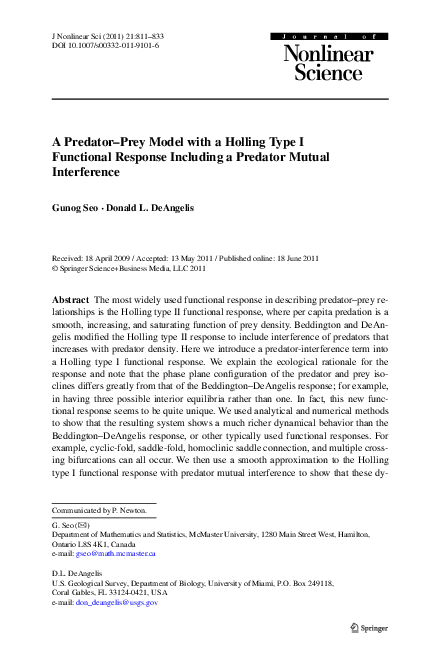 (PDF) A Predator–Prey Model with a Holling Type I Functional Response ...