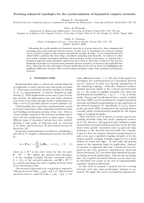 (PDF) Evolving enhanced topologies for the synchronization of dynamical complex networks