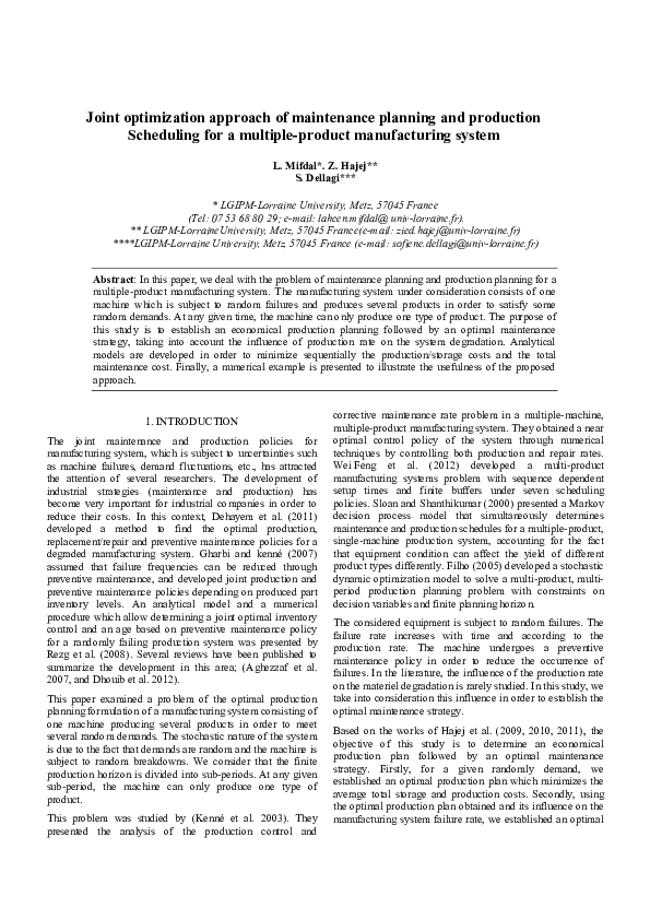 (PDF) Joint optimization approach of maintenance planning and production Scheduling for a ...