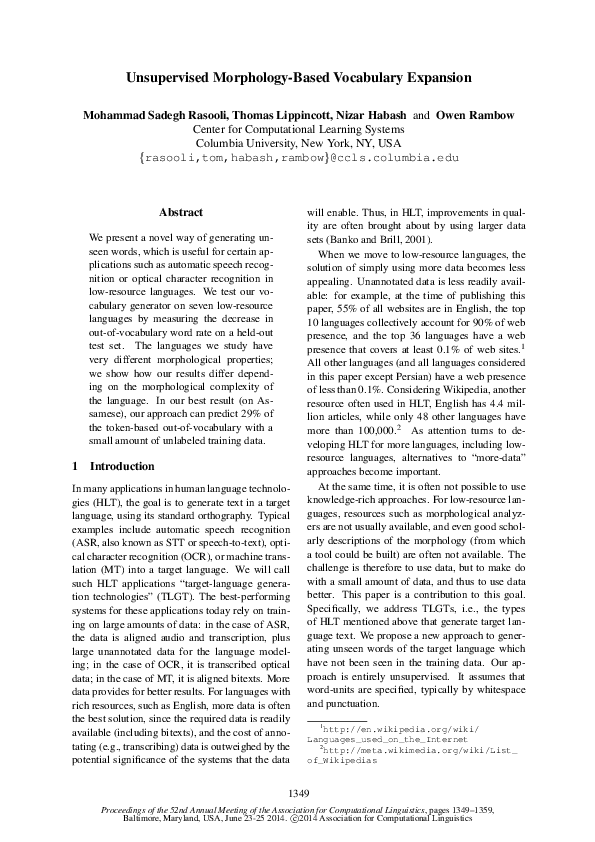 (PDF) Unsupervised Morphology-Based Vocabulary Expansion