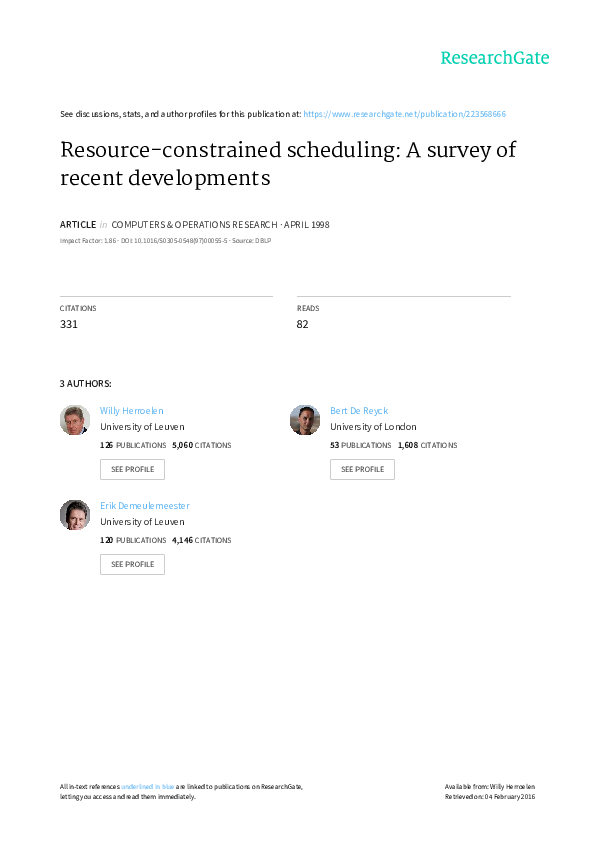 (PDF) Resource-constrained project scheduling: A survey of recent developments