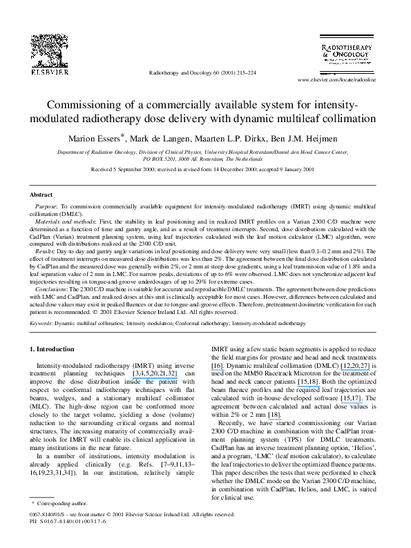 (PDF) Commissioning of a commercially available system for intensity-modulated radiotherapy dose ...