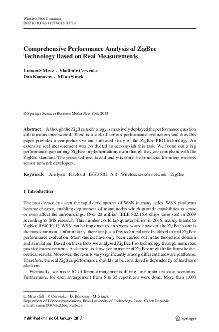 Pdf Comprehensive Performance Analysis Of Zigbee Technology Based On Real Measurements