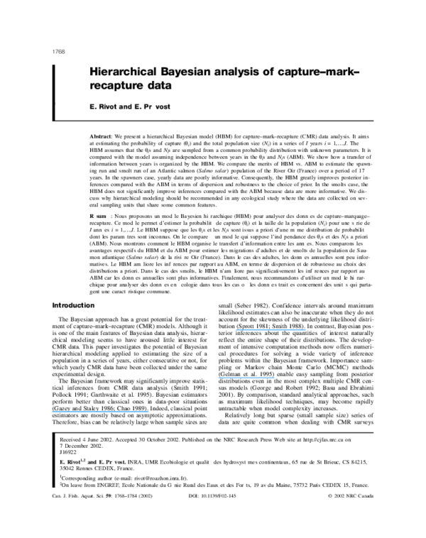 Pdf Hierarchical Bayesian Analysis Of Capture Mark Recapture Data