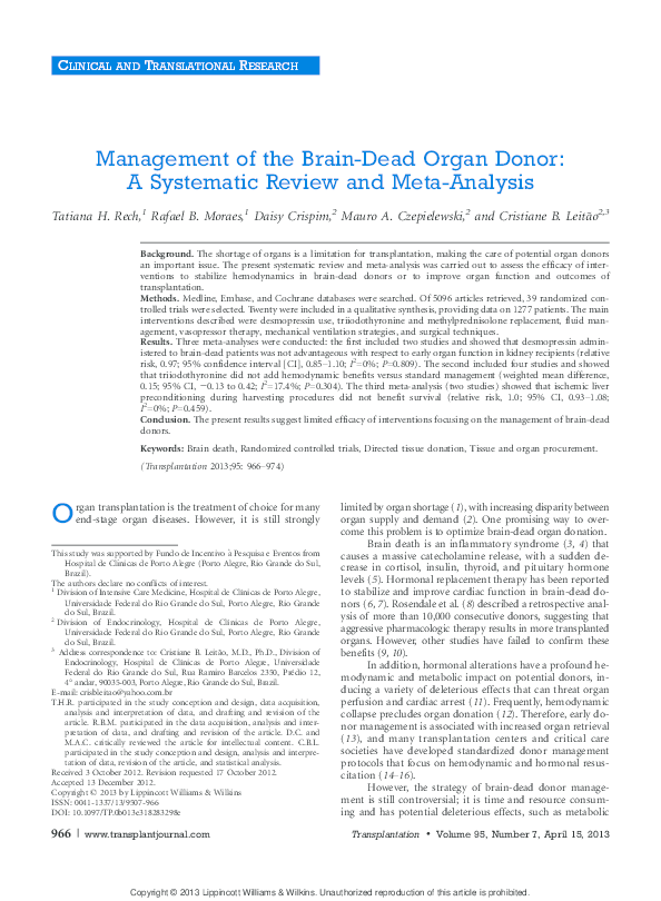 (PDF) Management of the Brain-Dead Organ Donor: A Systematic Review and ...