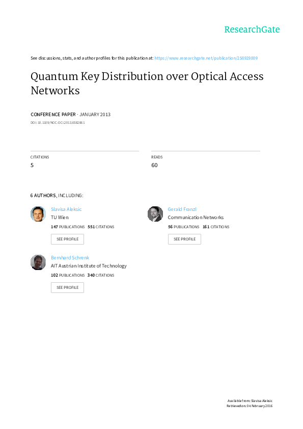 (PDF) Quantum key distribution over optical access networks