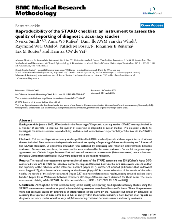 (PDF) Reproducibility of the STARD checklist: an instrument to assess ...