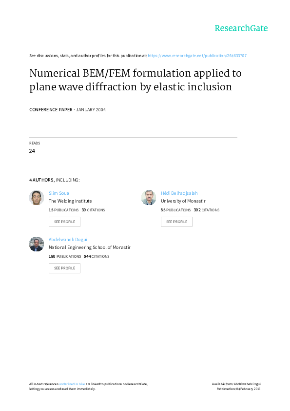 (PDF) Numerical BEM/FEM formulation applied to plane wave diffraction by elastic inclusion