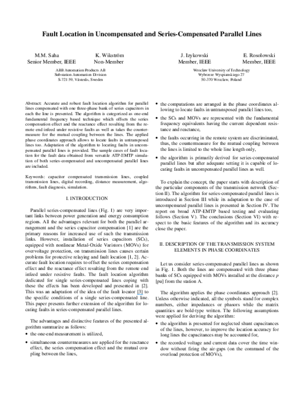 Pdf Fault Location In Uncompensated And Series Compensated Parallel Lines Jan Izykowski
