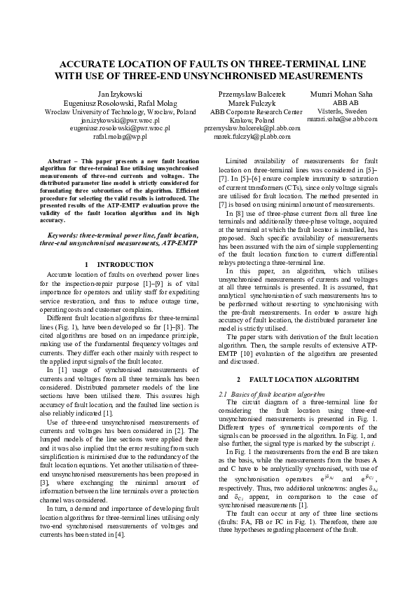 (PDF) ACCURATE LOCATION OF FAULTS ON THREE-TERMINAL LINE WITH USE OF THREE-END UNSYNCHRONISED ...