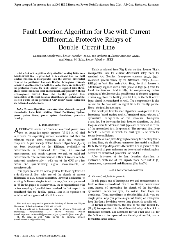 Pdf Fault Location Algorithm For Use With Current Differential Protective Relays Of Double