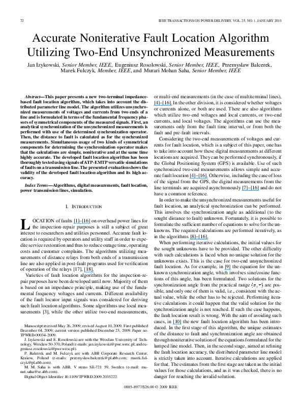 Pdf Accurate Noniterative Fault Location Algorithm Utilizing Two End