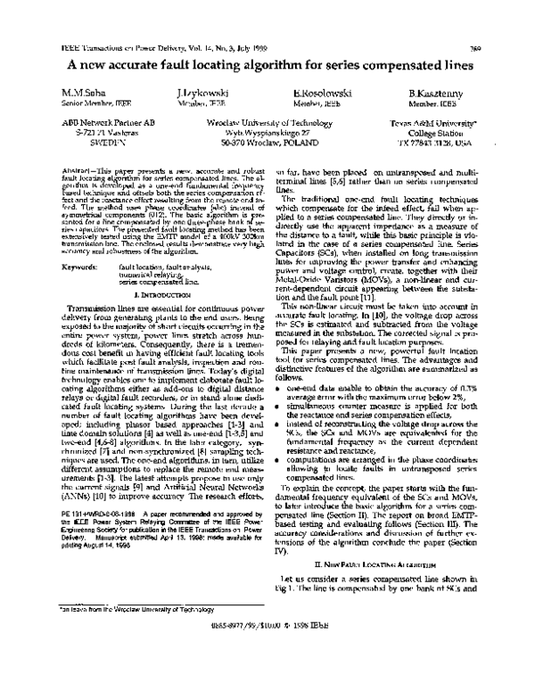 Pdf A New Accurate Fault Locating Algorithm For Series Compensated Lines Jan Izykowski