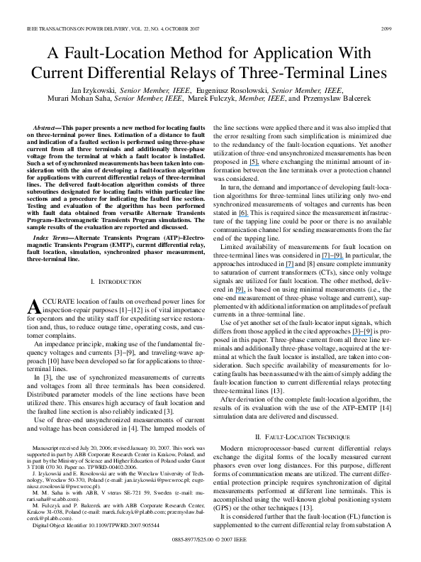 Pdf A Fault Location Method For Application With Current Differential Relays Of Three Terminal
