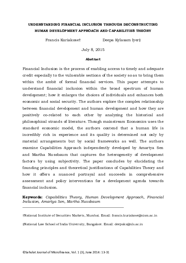 (PDF) Understanding Financial Inclusion through Deconstructing Human Development Approach and ...