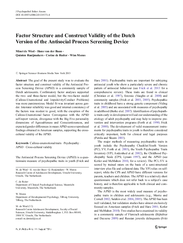 (PDF) Factor Structure and Construct Validity of the Dutch Version of the Antisocial Process ...