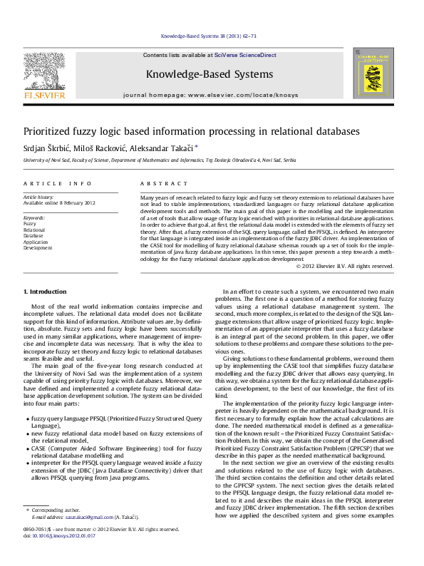 Pdf Prioritized Fuzzy Logic Based Information Processing In Relational Databases Aleksandar