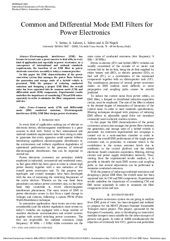 (PDF) Common and differential mode EMI filters for power electronics