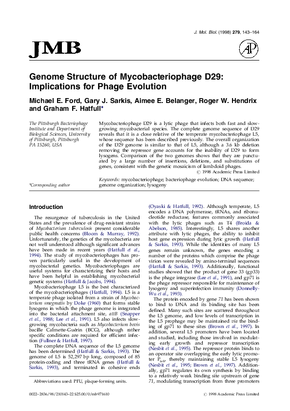 (PDF) Genome structure of mycobacteriophage D29: implications for phage ...