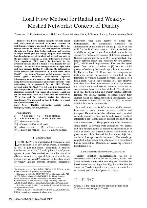 (PDF) Load Flow Method for Radial and WeaklyMeshed Networks: Concept of Duality