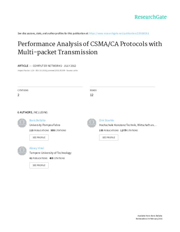 (PDF) Performance analysis of CSMA/CA protocols with multi-packet transmission