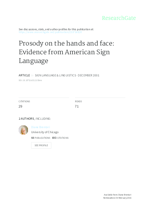 (PDF) Prosody on the hands and face: Evidence from American Sign Language