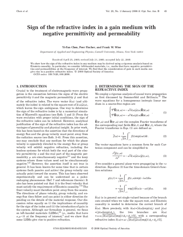 (PDF) Sign of the refractive index in a gain medium with negative ...