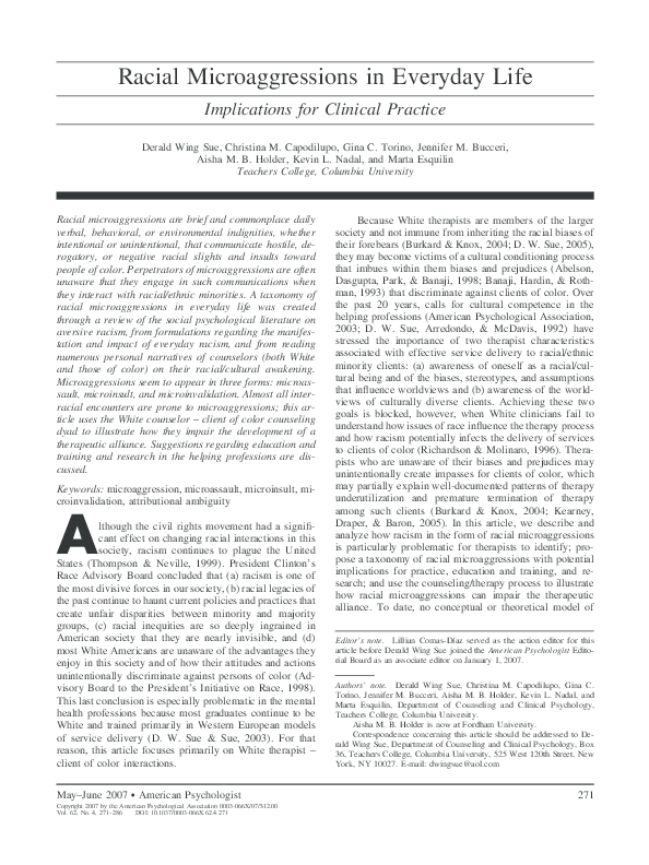 (PDF) Racial microaggressions in everyday life: Implications for ...