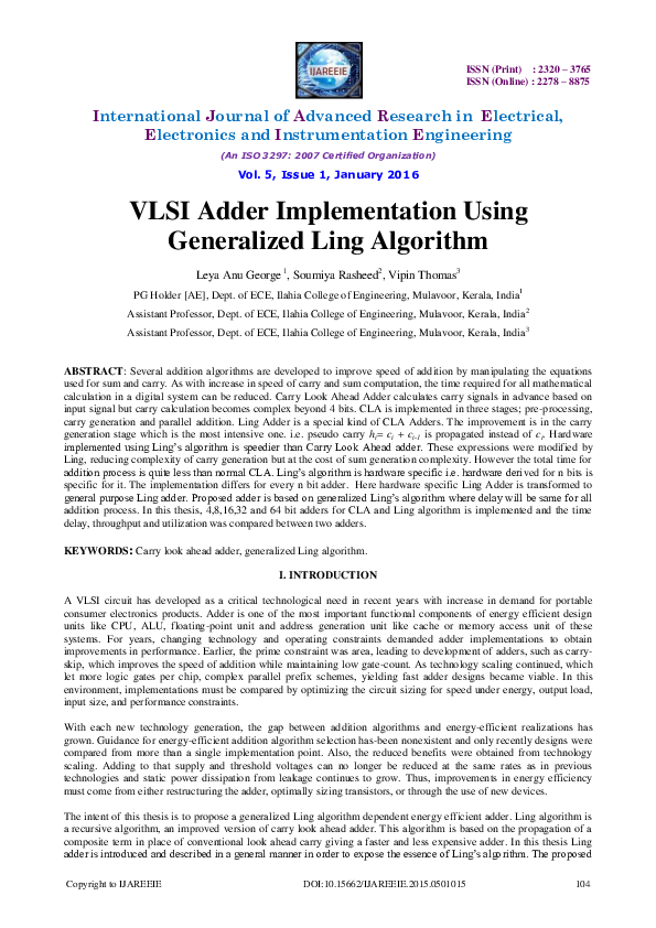 (PDF) VLSI Adder Implementation Using Generalized Ling Algorithm