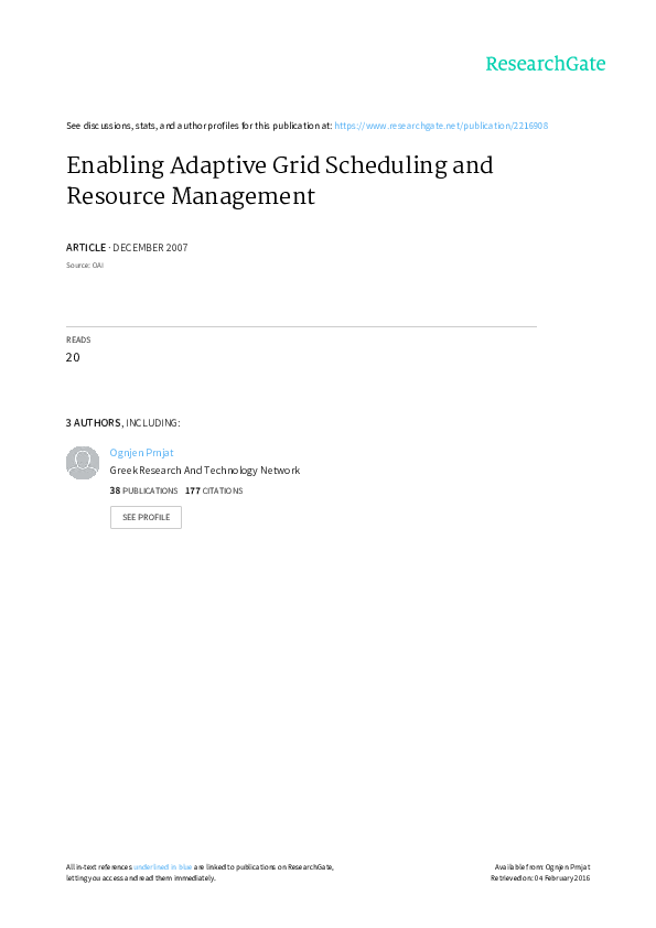 Pdf Enabling Adaptive Grid Scheduling And Resource Management