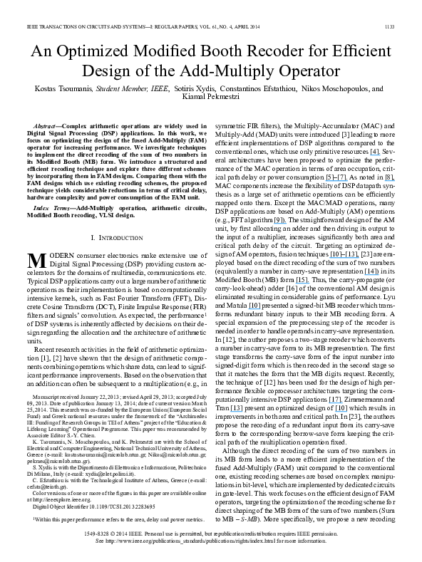 Pdf An Optimized Modified Booth Recoder For Efficient Design Of The Add Multiply Operator