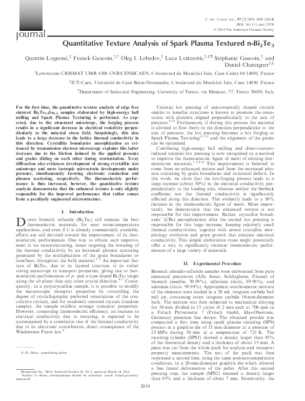 (PDF) Quantitative Texture Analysis of Spark Plasma Textured n-Bi 2 Te 3