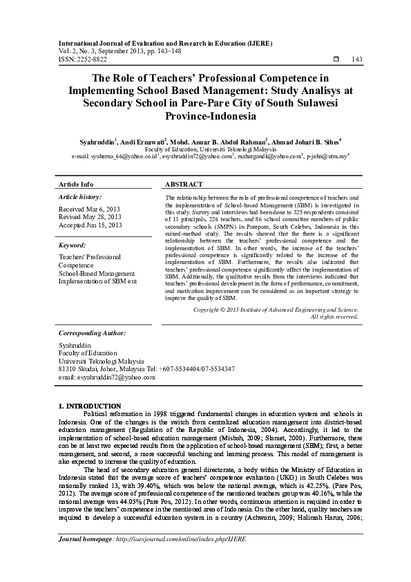 (PDF) The Teachers’ Professional Competence Role in Implementing School-Based Management: Study ...