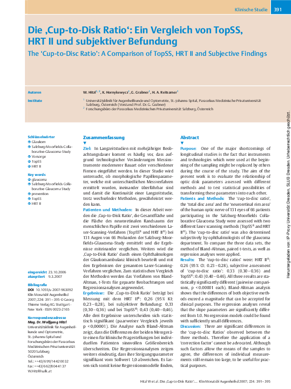 (PDF) [The 'cup-to-disc ratio': a comparison of TopSS, HRT II and ...