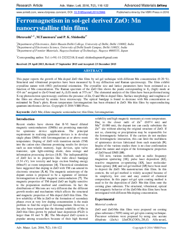 (PDF) Ferromagnetism in sol-gel derived ZnO: Mn nanocrystalline thin films