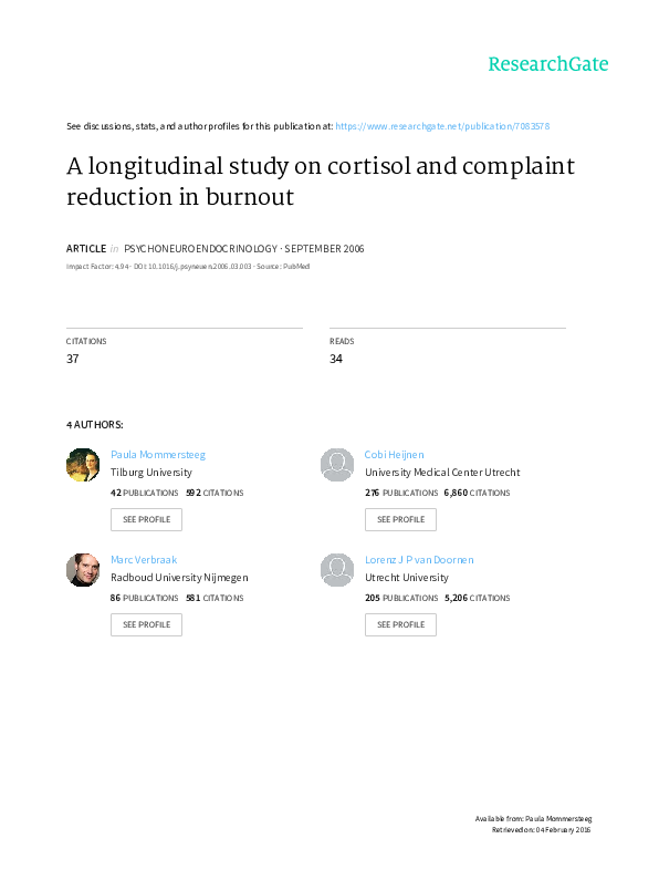 (PDF) A longitudinal study on cortisol and complaint reduction in burnout