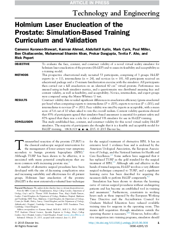 (PDF) Holmium Laser Enucleation of the Prostate: Simulation Based Training Curriculum and Validation