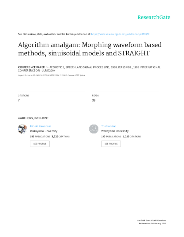 (PDF) Algorithm amalgam: morphing waveform based methods, sinusoidal models and STRAIGHT