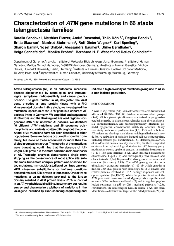 (PDF) Characterization of ATM gene mutations in 66 ataxia telangiectasia families