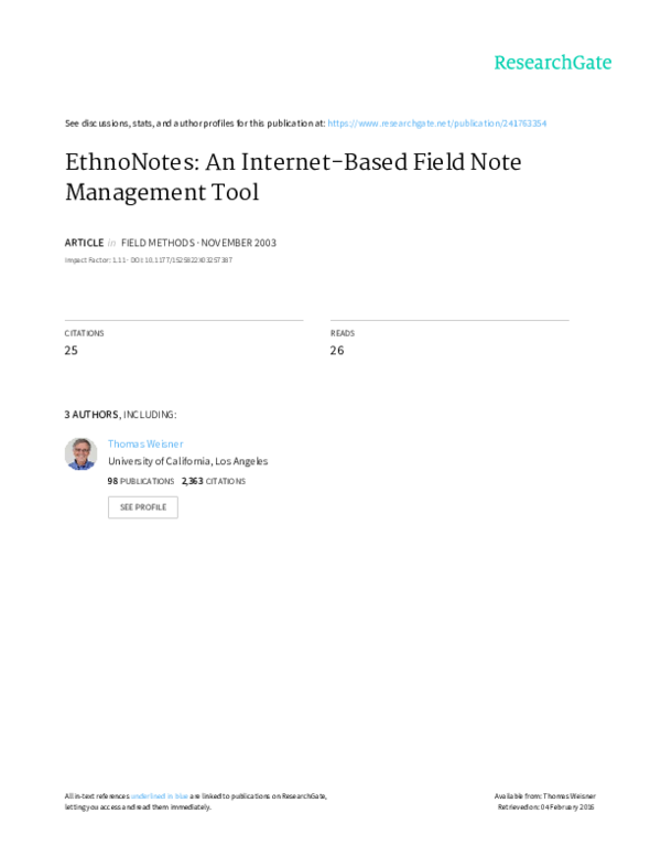 (PDF) EthnoNotes: An Internet-Based Field Note Management Tool