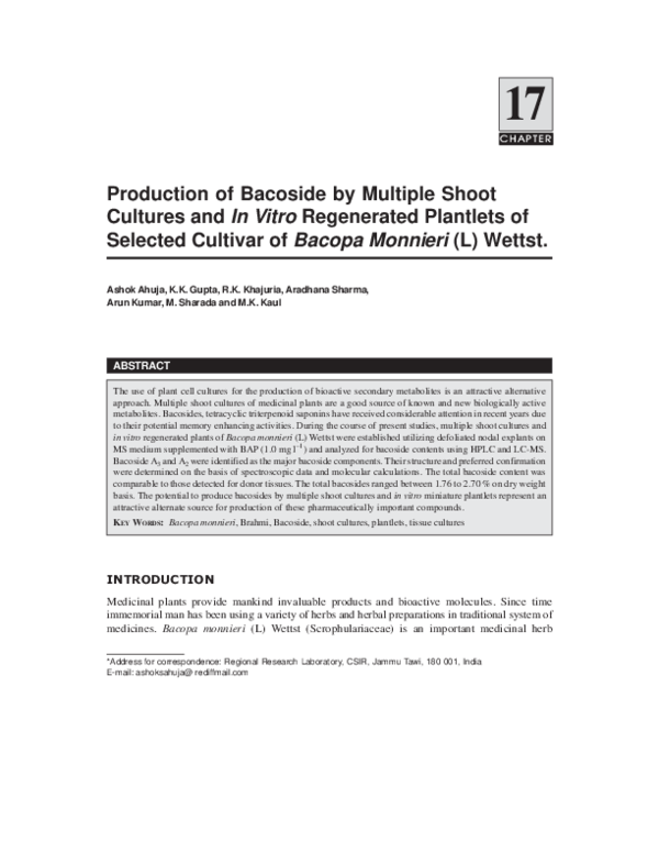 (PDF) Production of Bacoside by Multiple Shoot Cultures and In Vitro Regenerated Plantlets of ...