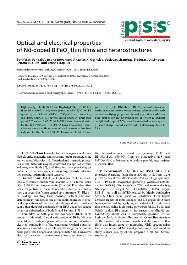 (PDF) Optical and electrical properties of Nd-doped BiFeO3 thin films and heterostructures